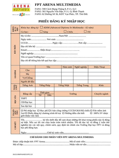 Phieu Dang Ky Nhap Hoc Fai 10 2023 Pdf