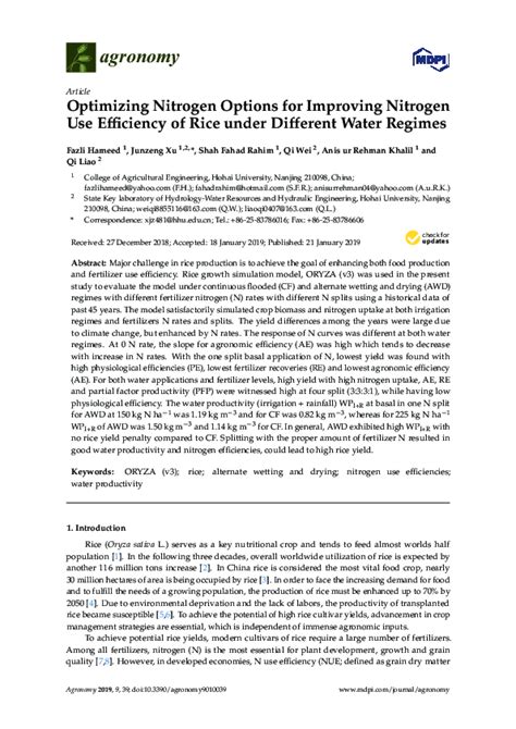 Pdf Optimizing Nitrogen Options For Improving Nitrogen Use Efficiency Of Rice Under Different
