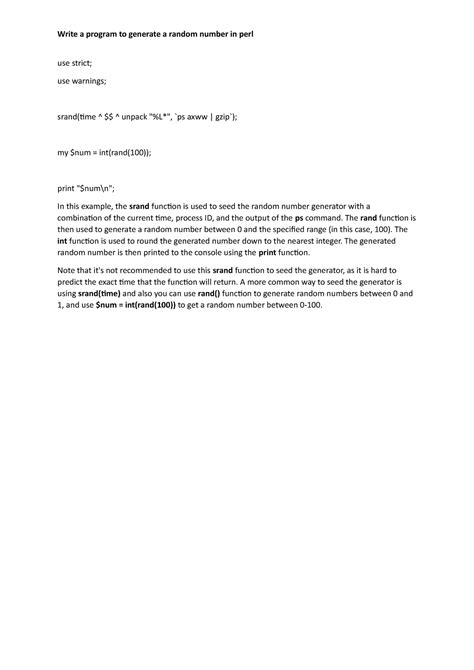 Perl Random Write A Program To Generate A Random Number In Perl Use Strict Use Warnings