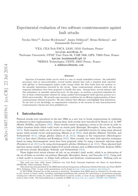Pdf Experimental Evaluation Of Two Software Countermeasures Against Fault Attacks