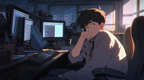 Anime Boy Sitting In Front Of A Computer Desk With A Keyboard And