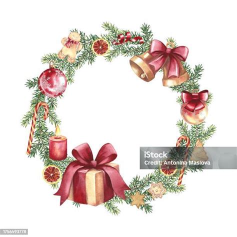 축제 장식과 선물이 있는 크리스마스 화환 수제 수채화 그림입니다 티켓 전단지 엽서 초대장 포스터를 위한 크리스마스 템플릿입니다 포장 인쇄 및 스티커용 12월에 대한 스톡