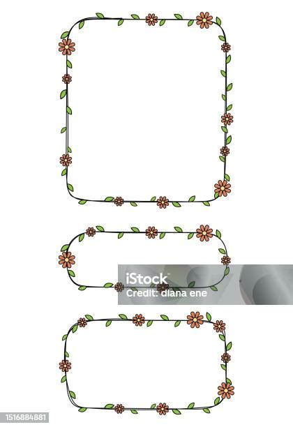 손으로 그린 사각형 프레임 장식 요소 꽃과 나뭇잎 벡터 세트 금색에 대한 스톡 벡터 아트 및 기타 이미지 금색 꽃 나무 꽃 식물 Istock