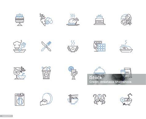 요리 개요 아이콘 모음입니다 요리 먹기 베이킹 요리 요리사 레시피 향신료 벡터 및 일러스트레이션 개념 집합입니다 재료 미식가 식품 선형 표지판 미식가에 대한 스톡 벡터 아트