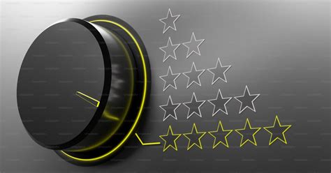 별 5개 높은 등급 개념 회전식 스위치를 위한 검은색 손잡이와 회색 배경에 노란색 눈금이 있습니다 별 1개에서 5개까지의 그라데이션 3d 그림 사진