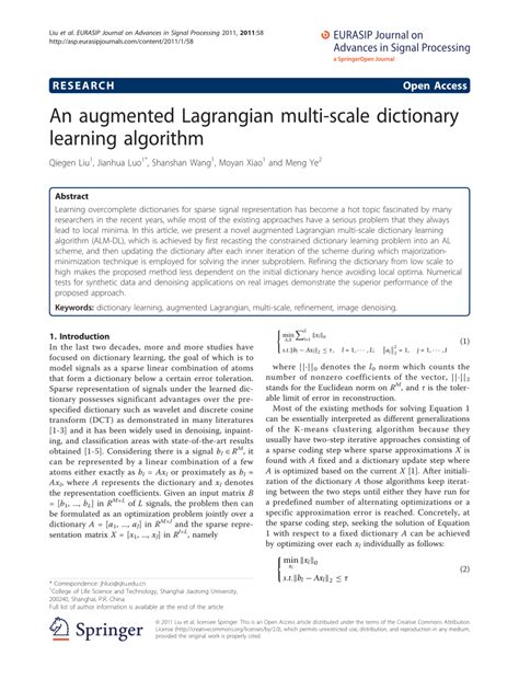 Pdf An Augmented Lagrangian Multi Scale Dictionary Learning Algorithm