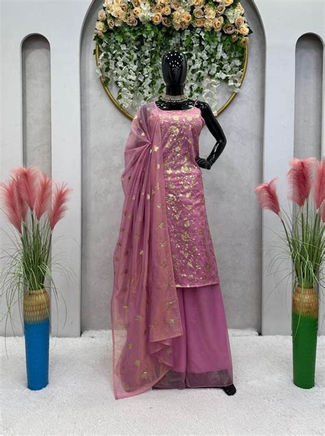 Designer Jimmy Chu Thread And Sequence Work Pink Palazzo Suit