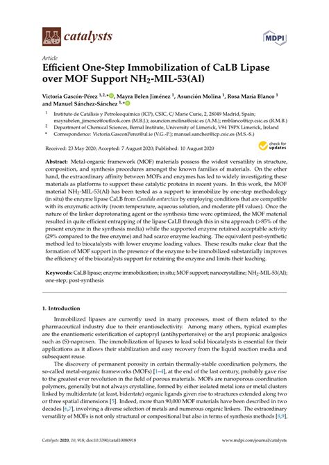 Pdf Efficient One Step Immobilization Of Calb Lipase Over Mof Support