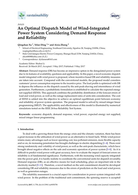 Pdf An Optimal Dispatch Model Of Wind Integrated Power System Considering Demand Response And