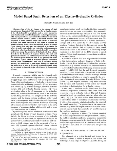 Pdf Model Based Fault Detection Of An Electro Hydraulic Cylinder