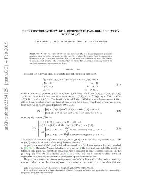 Pdf Null Controllability Of A Degenerate Parabolic Equation With Delay