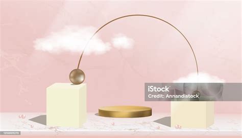분홍색 배경에 추상적 기하학적 모양과 구슬 청동 금속을 갖춘 최소한의 연단 디스플레이 쇼케이스 벡터 3d 모형 무대 받침대 플랫폼 화장품 또는 스파 디스플레이제품 프리젠