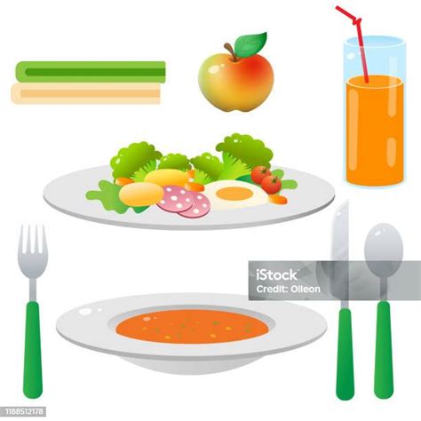 흰색 배경에 부분 점심 이나 저녁 식사의 색상 이미지입니다 음식과 식사 요리와 그릇 벡터 일러스트레이션 세트입니다 식당에 대한