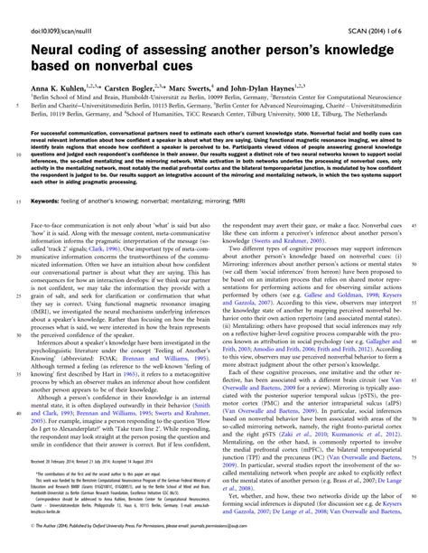 Pdf Neural Coding Of Assessing Another Persons Knowledge Based On Nonverbal Cues