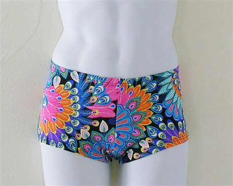 Mens Low Rise Square Cut Swimsuit In Peacock Print In Smlxl