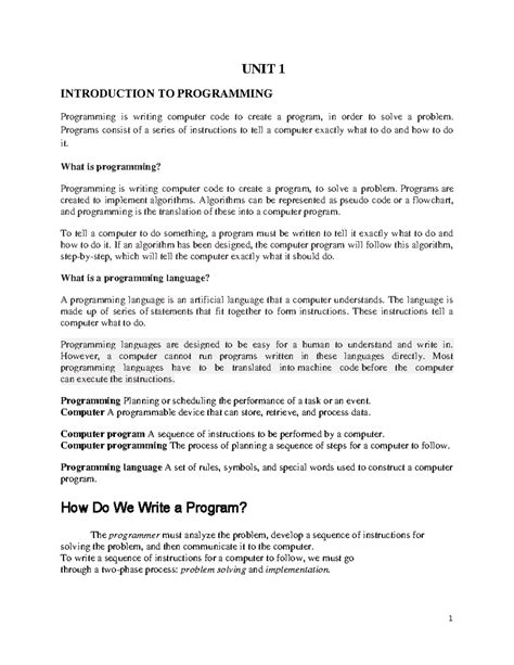 Cpp Unit 1 Bca 2022 2023 Pdf Version Unit 1 Introduction To Programming Programming Is