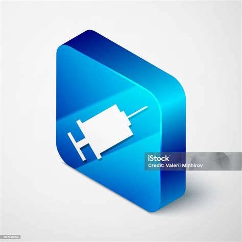 아이소메트릭 주사기 아이콘 흰색 배경에 고립입니다 백신 백신 접종 주사 독감 주사를 위한 주사기 의료 장비 파란색 사각형 버튼을 클릭 합니다 벡터 일러스트 0명에 대한 스톡