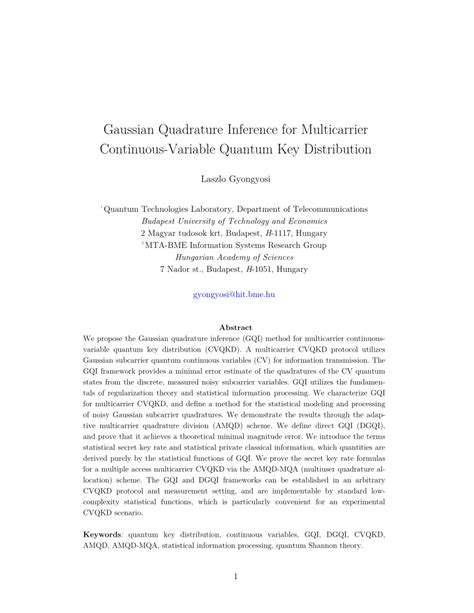 Pdf Gaussian Quadrature Inference For Multicarrier Continuous Variable Quantum Key Distribution