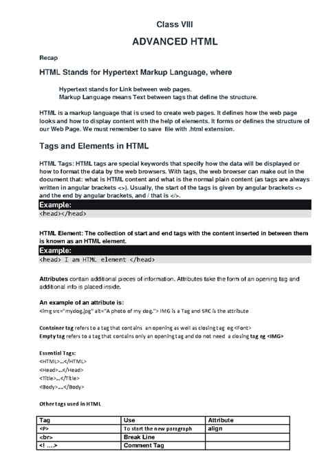 Html Notes Pdf Class Viii 1 Class Viii Advanced Html Recap Html Stands For Hypertext