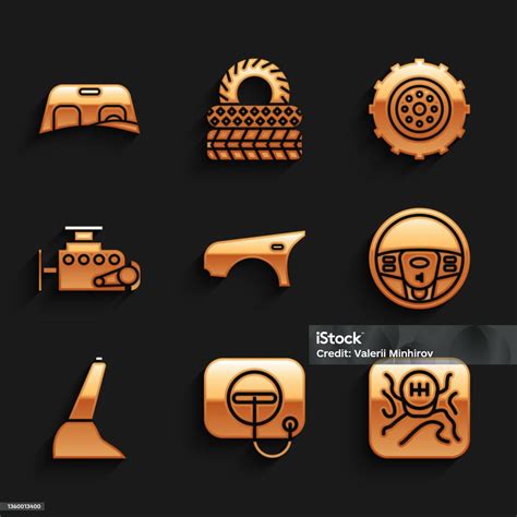 세트 카 펜더 주유소에서 오일 필러 캡 기어 시프터 스티어링 휠 핸드 브레이크 엔진 윈드 스크린 아이콘 벡터 가솔린에 대한 스톡 벡터 아트 및 기타 이미지 Istock