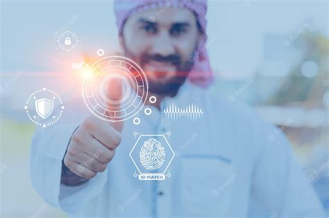 Premium Photo Arab Male Happy With Finger Scan Technology For Personal Data Security