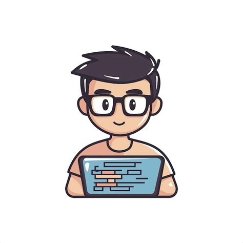 Cartoon Programmer Icon Cute Boy With Glasses And Laptop Premium Ai