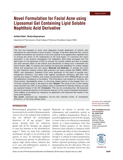 Pdf Novel Formulation For Facial Acne Using Liposomal Gel Containing Lipid Soluble Naphthoic