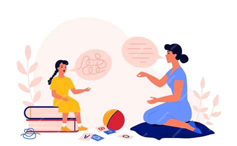 언어 치료사 약속 말더듬 언어 교정 혀 운동 평면 벡터 일러스트 레이션 프리미엄 벡터