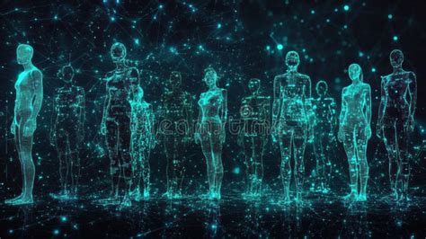 Exploring An Abstract Digital World With Human Silhouettes And Floating Matrix Code In A