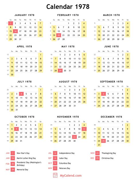 1978 Calendar Year With Holidays
