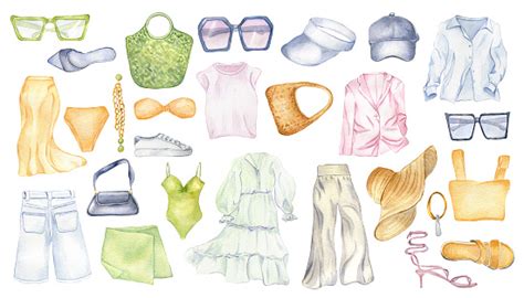 여자의 여름 의상 드레스 선글라스 수채화 삽화는 흰색으로 분리되어 있다 셔츠 스커트 가방 신발 블레이저 손으로 그렸습니다 섬유 포장 여름 인쇄 배경을 위한 디자인 0명에
