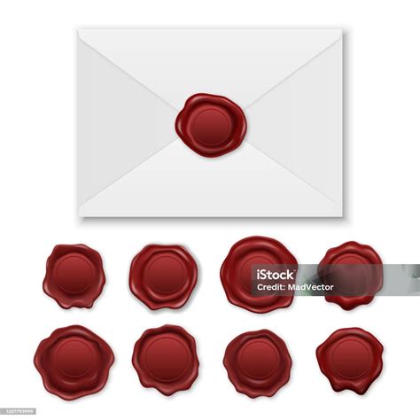 벡터 3d 현실적인 봉투와 빈티지 복고풍 스탬프 왁스 인감 아이콘 설정 닫닫기 흰색 배경에 격리 빨간 밀봉 왁스 또는 우표 인증서 문서 편지 라벨의 디자인 템플릿 봉랍에