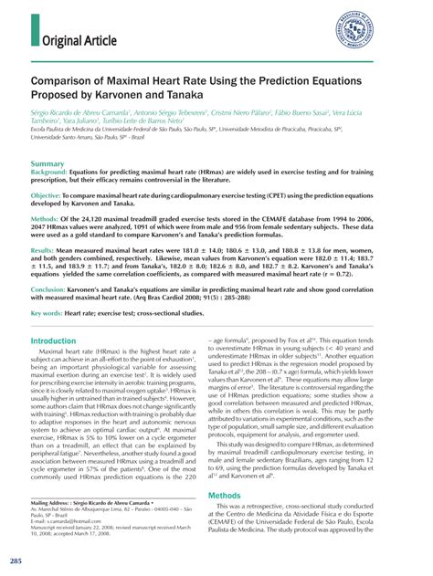 Pdf Comparison Of Maximal Heart Rate Using The Prediction Equations