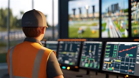 Operator Monitoring Multiple Screens In A Control Room While Overseeing Construction Activity