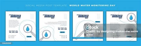 돋보기 벡터 일러스트가 있는 세계 수자원 모니터링 일 디자인 파란색과 흰색 디자인의 소셜 미디어 템플릿 세트 18에 대한 스톡