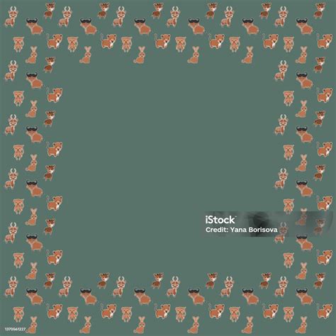 만화 아기 봉고 영양 아프리카 버팔로 거미 원숭이 남미 코 오카피 회색 배경에 덤불 토끼의 텍스트 장소와 유치 한 사각형 프레임