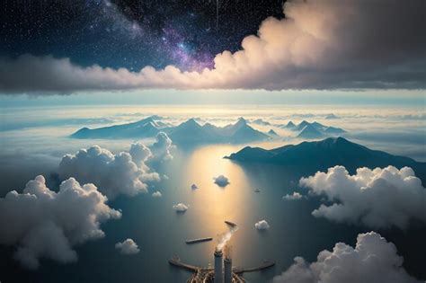 Голубое небо город белые облака обои фон небо полное звезд млечный путь с видом Премиум Фото