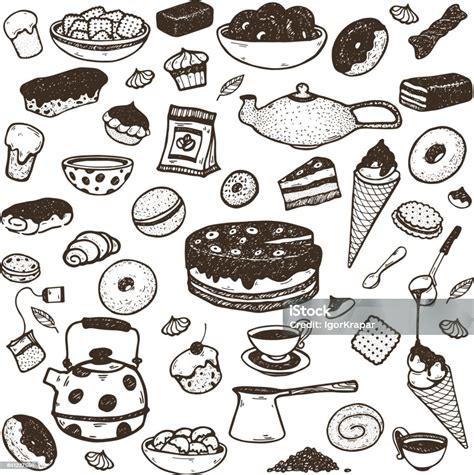 손 그리기 집합이 과자 컵 케 익 케이크 아이스크림 차 커피 사탕 샌드위치 그림 낙서 과일에 대한 스톡 벡터 아트 및 기타 이미지 Istock
