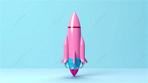 미니멀리스트 3d 렌더링 생생한 파란색 배경에 분홍색 만화 로켓이 솟아오릅니다 미니멀리스트 3d 렌더링 생생한 파란색 배경에 분홍색 만화 로켓이 솟아오릅니다 사진