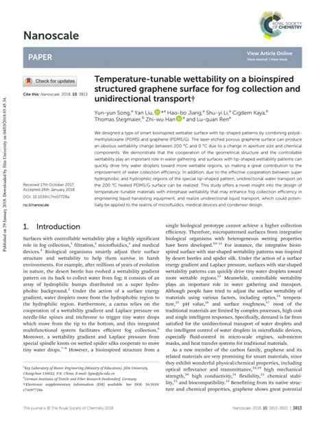 Pdf Temperature Tunable Wettability On Bioinspired Structured Graphene Surface For Fog