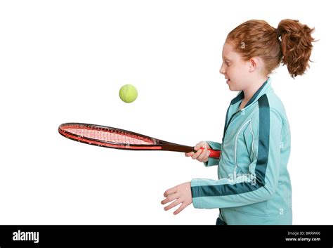 A Red Headed Girl With A Tennis Racket And Ball Over White Stock Photo Alamy