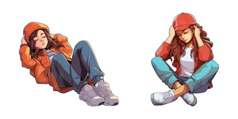 바닥에 앉아 있는 소녀 만화 터 프리미엄 벡터
