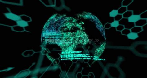 Animation Of Molecular Structure Diagrams And Data Processing Over Globe On Black Background