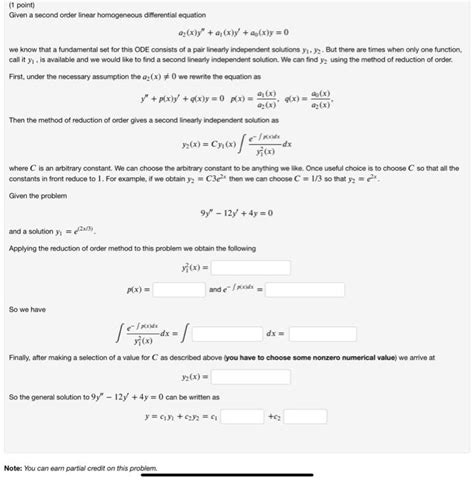 Solved 1 Point Given A Second Order Linear Homogeneous