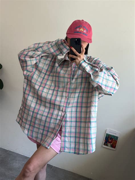 가을 신상 남녀공용 유니섹스 커플 오버핏 박시 빈티지 너드미 파스텔 컬러 체크 남방 셔츠 에이블리