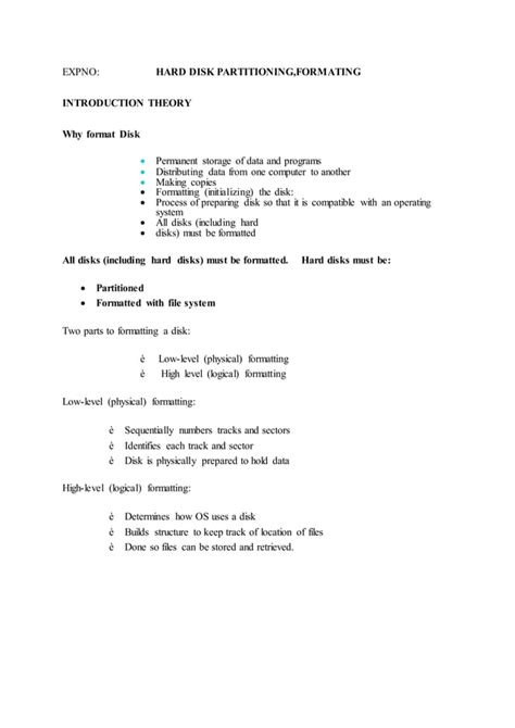 Hard Disk Partitioningformating Docx Operating Systems Computer Software And Applications