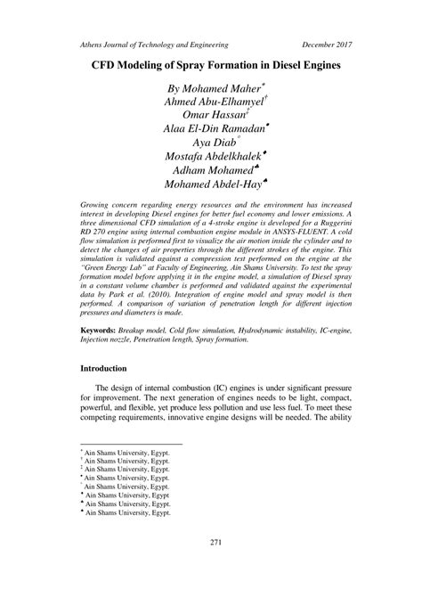 Pdf Cfd Modeling Of Spray Formation In Diesel Engines
