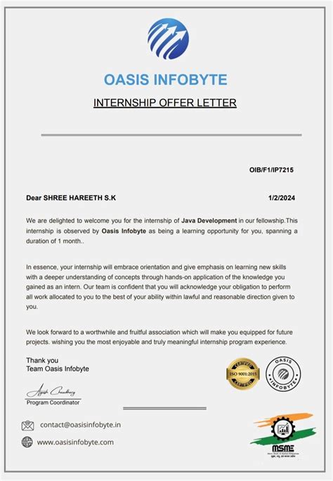 nominated for java internship at oasis infobyte shree hareeth s k