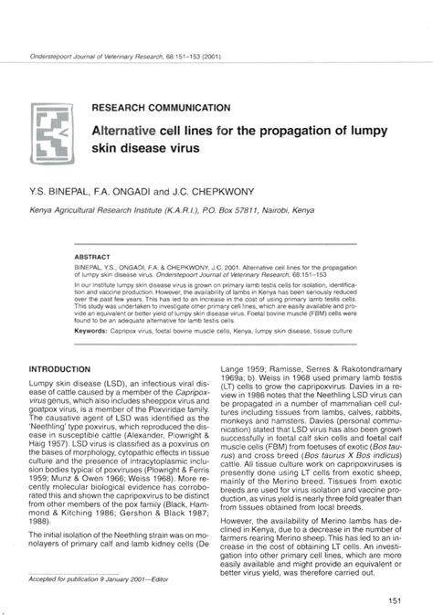 Pdf Alternative Cell Lines For The Propagation Of Lumpy Skin Disease