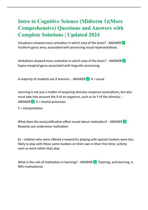 Intro To Cognitive Science Midterm 1more Comprehensive Questions And Answers With Complete